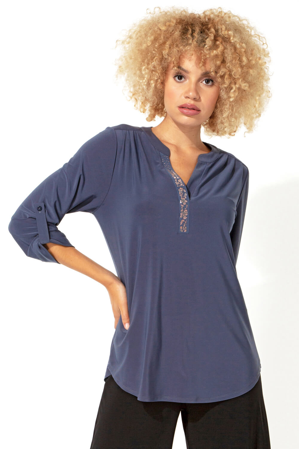 3/4 Sleeve Embellished Top in Grey - Roman Originals UK