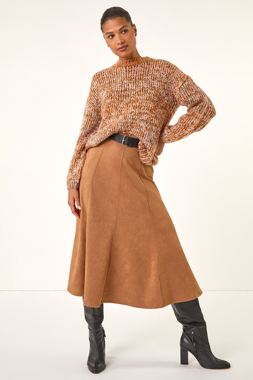 Rust Belted Faux Suede Midi Skirt | Roman UK