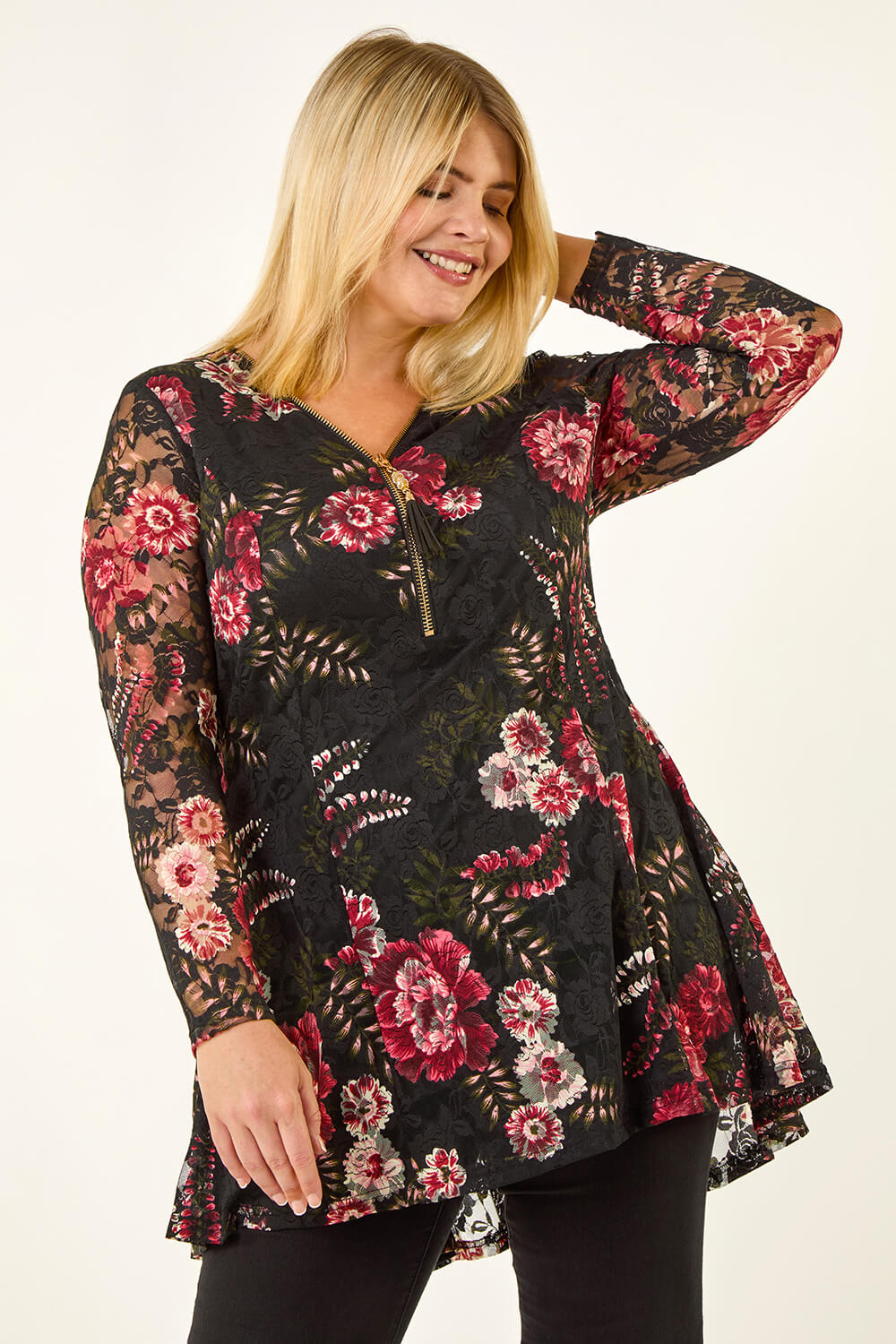 Black Curve Zip Front Floral Lace Top | Roman UK