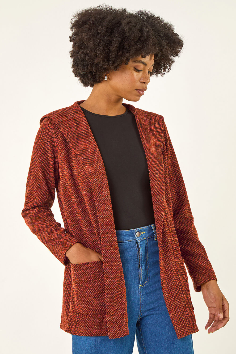Rust Longline Hooded Cardigan | Roman UK