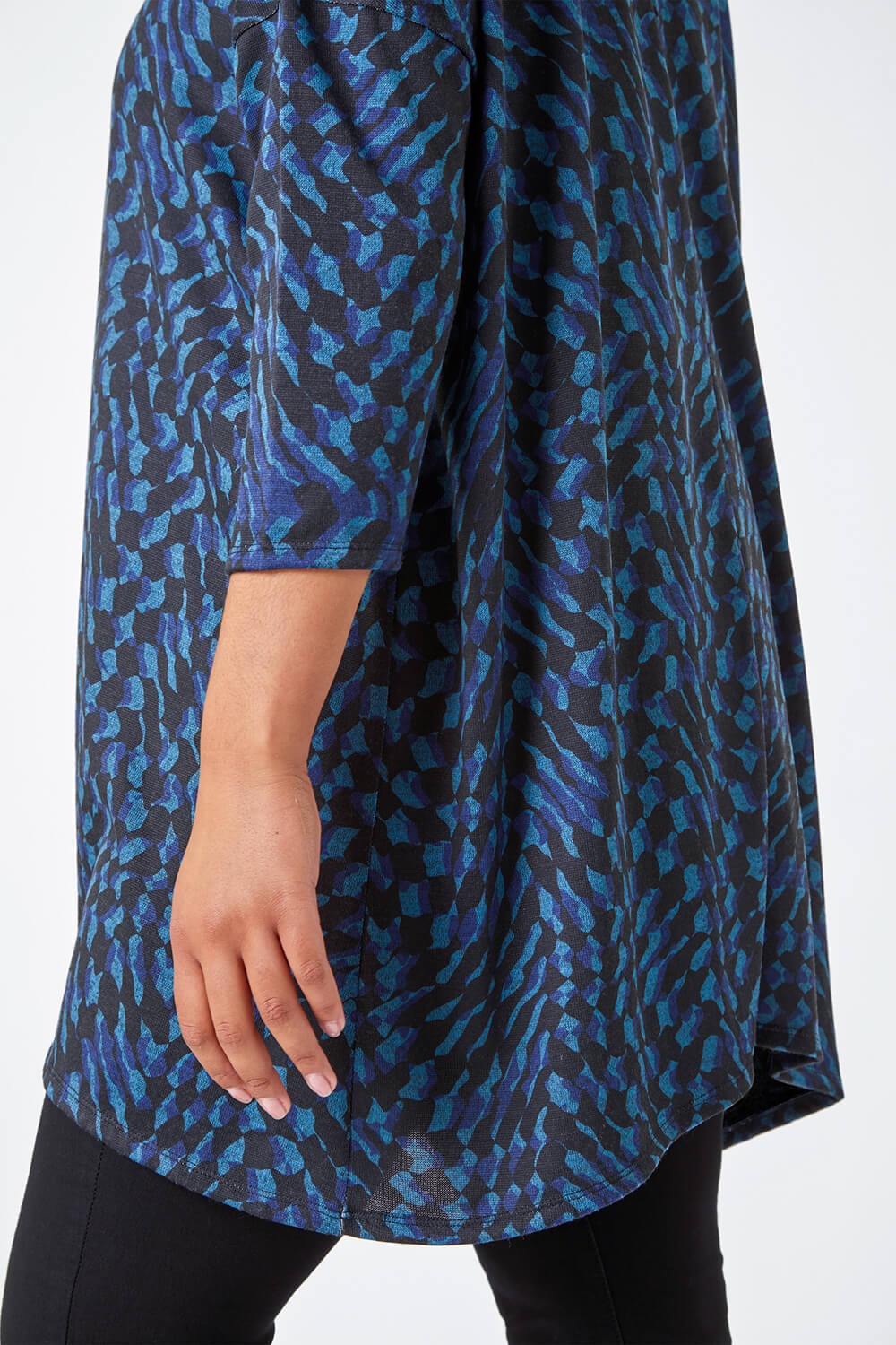 Blue Curve Abstract Print Stretch Tunic Top | Roman UK