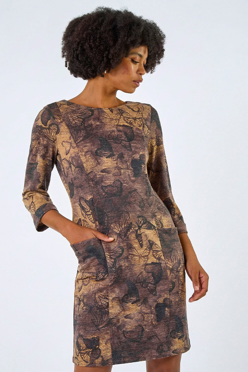 Tan Butterfly Pocket Stretch Shift Dress | Roman UK