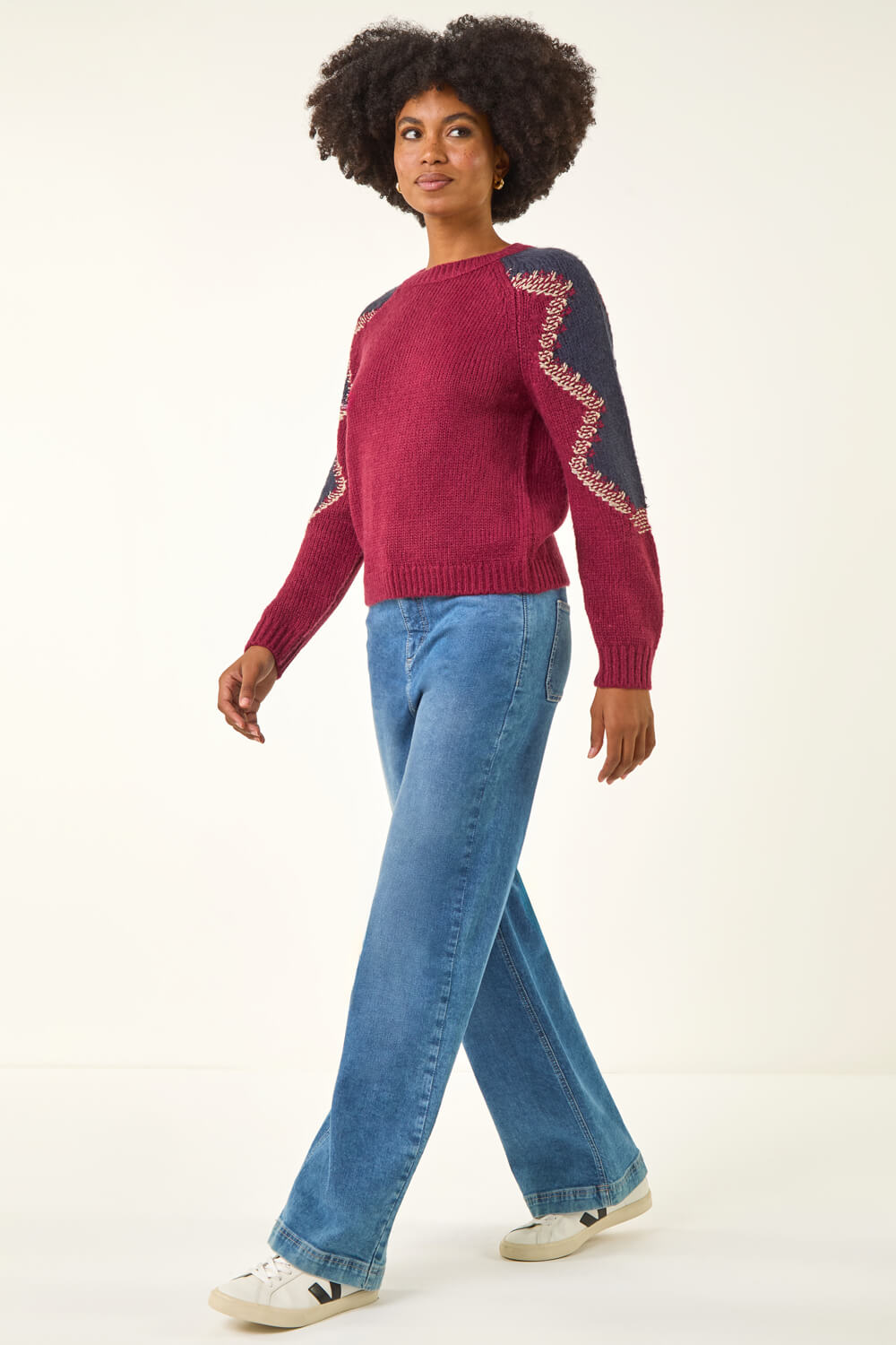 Burgundy Colour Block Soft Knit Jumper | Roman UK