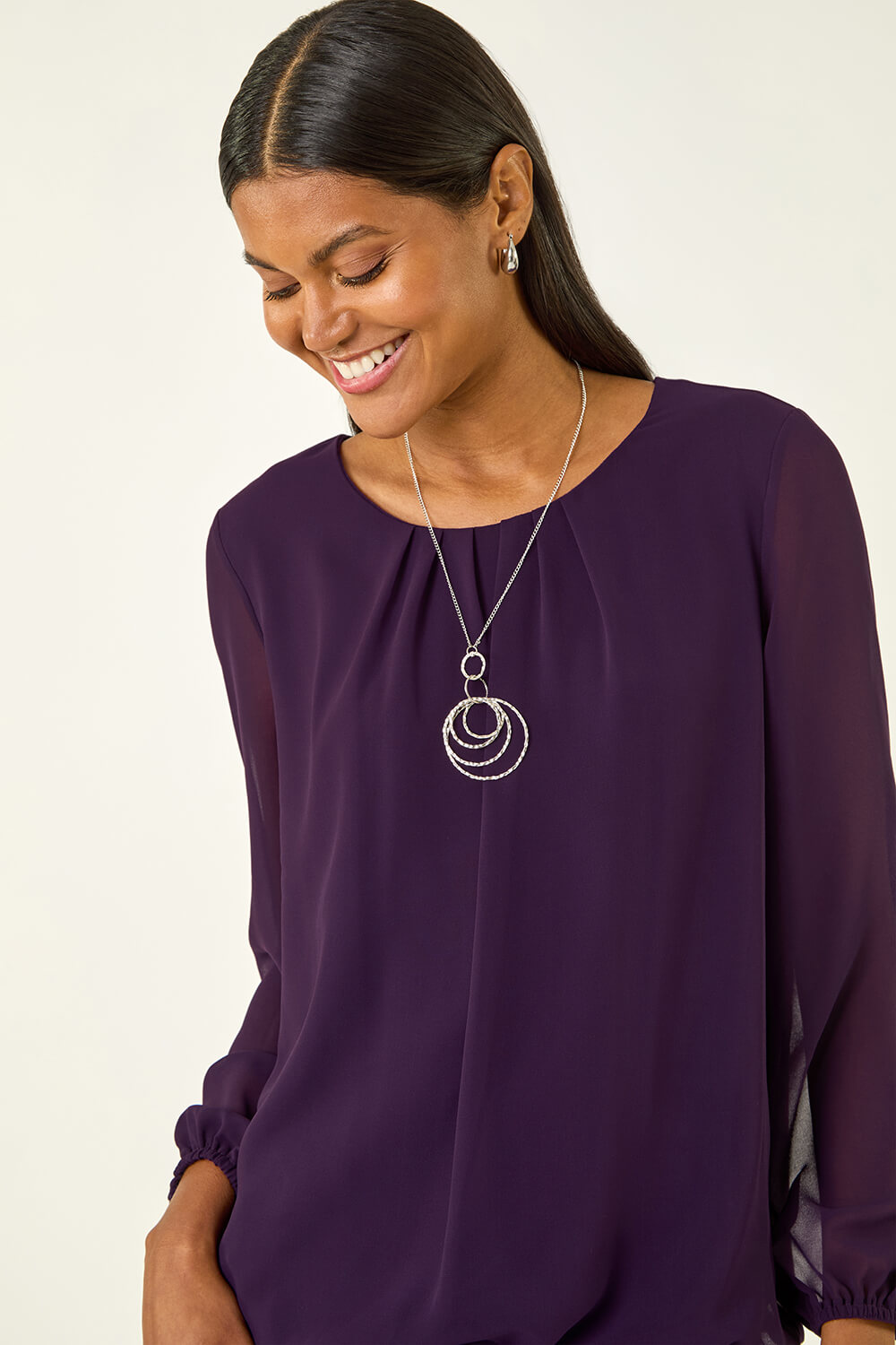 Purple Pleated Chiffon Necklace Top | Roman UK