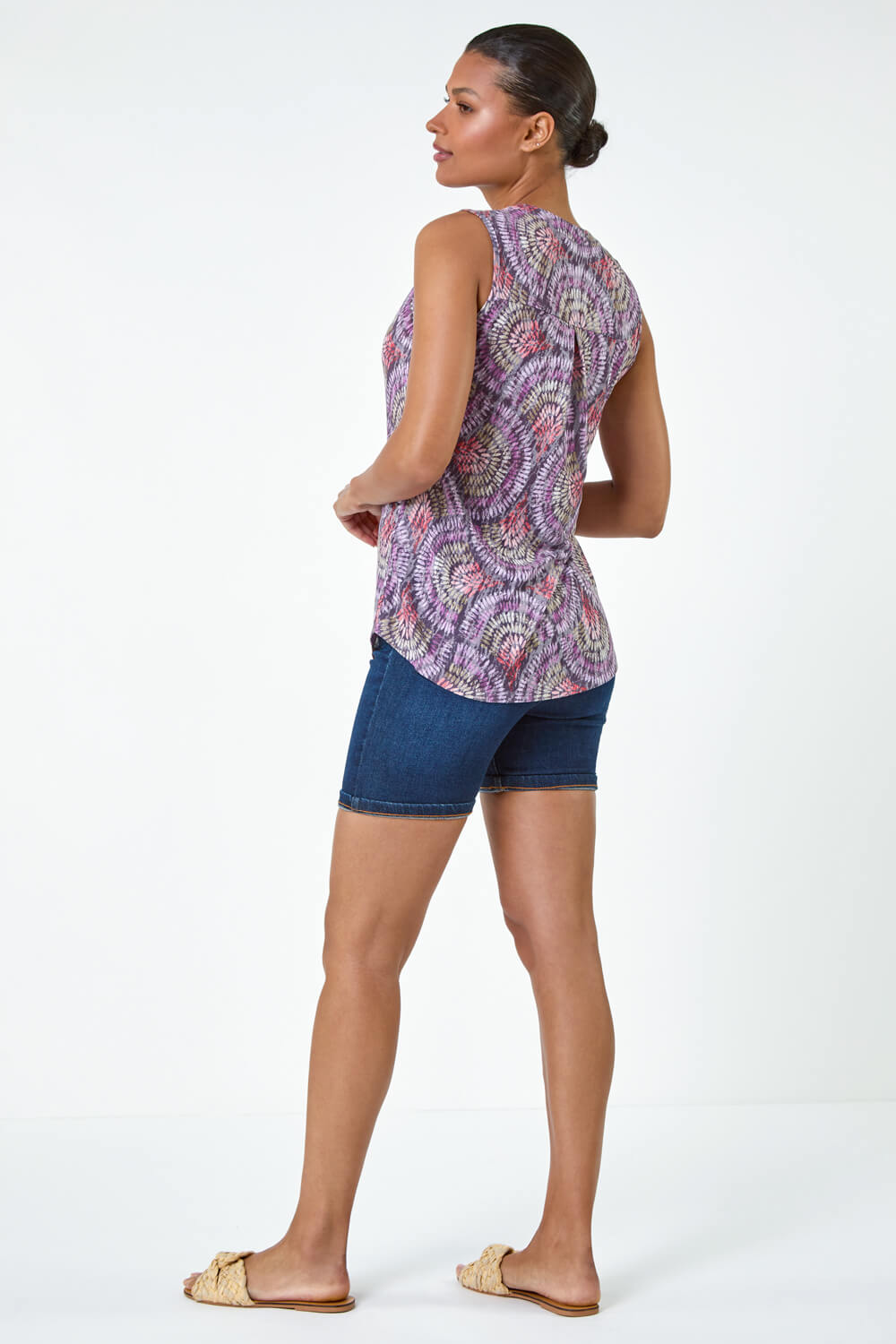 Purple Swirl Print Button Sleeveless Top | Roman UK