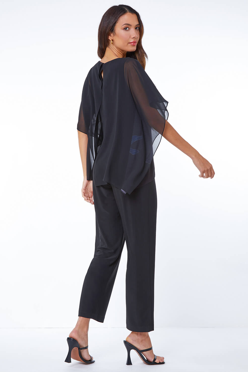 Floral Print Chiffon Overlay Jumpsuit in Blue - Roman Originals UK