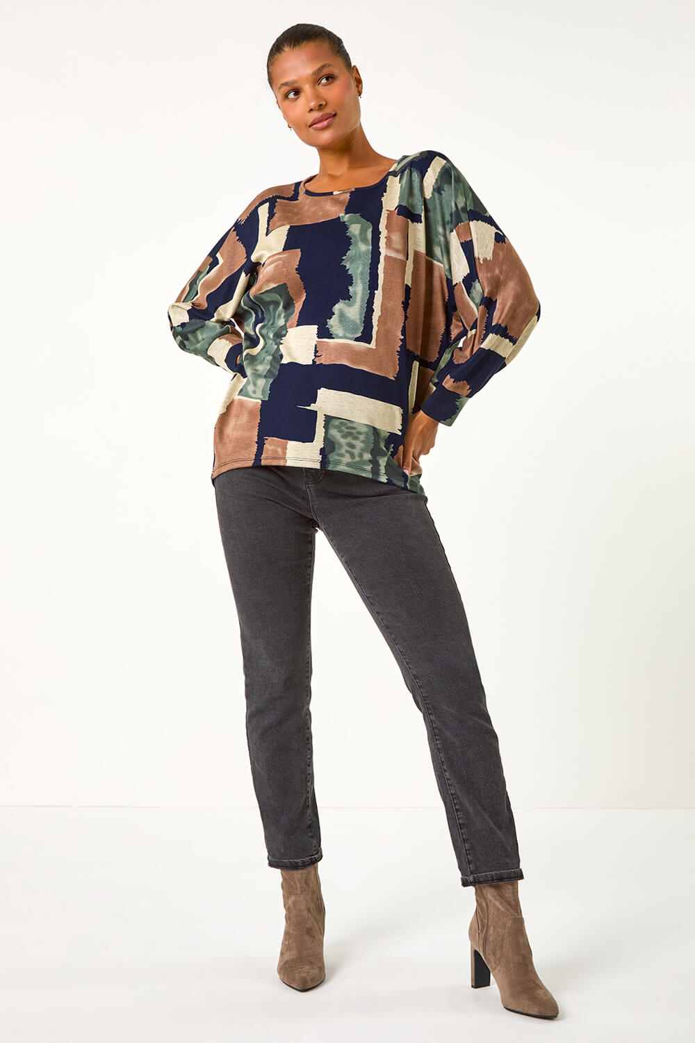 Mocha Abstract Print Contrast Hem Stretch Top | Roman UK