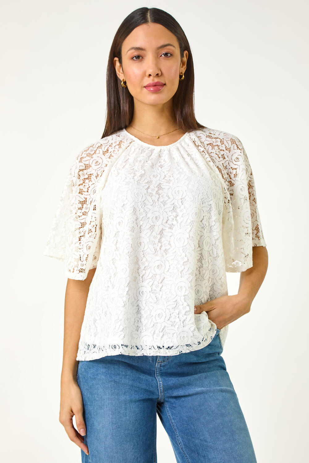 Ivory Lace Angel Sleeve Top | Roman UK