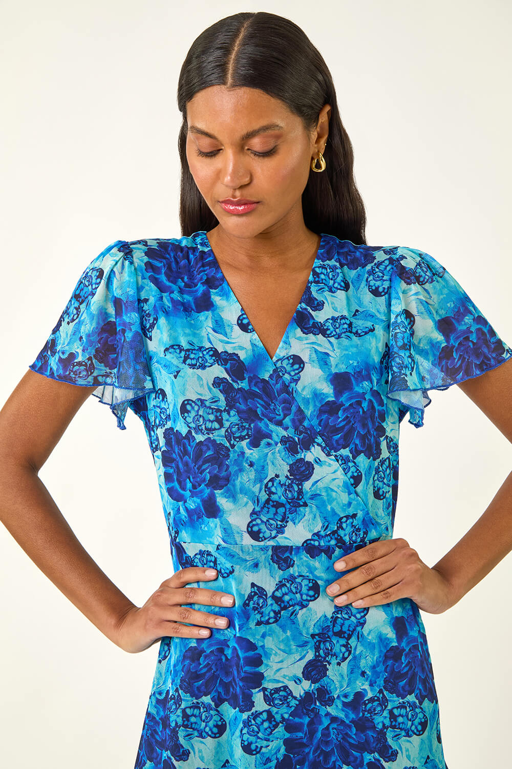 Blue Floral Frill Mesh Stretch Dress | Roman UK