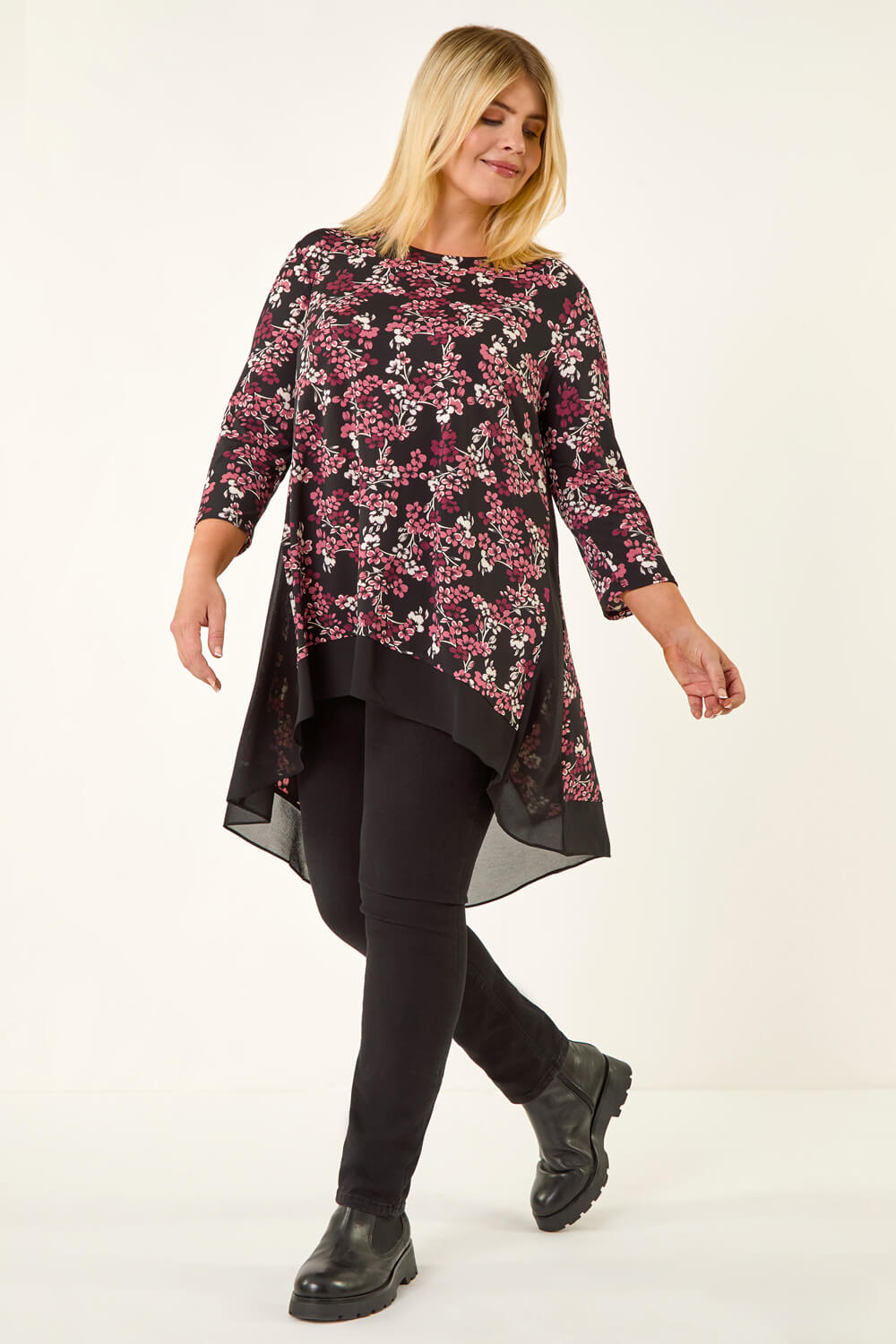 Pink Curve Floral High Low Chiffon Top | Roman UK