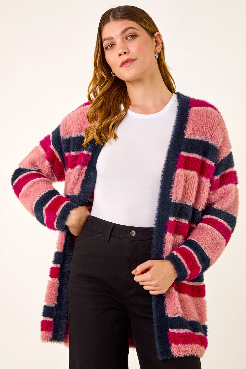 Pink Fluffy Stripe Knit Cardigan | Roman UK