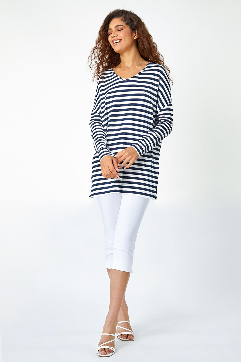 Navy Stripe Print Tunic Stretch Top | Roman UK