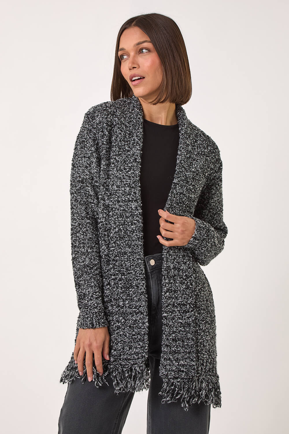 Black Textured Fringe Cardigan | Roman UK