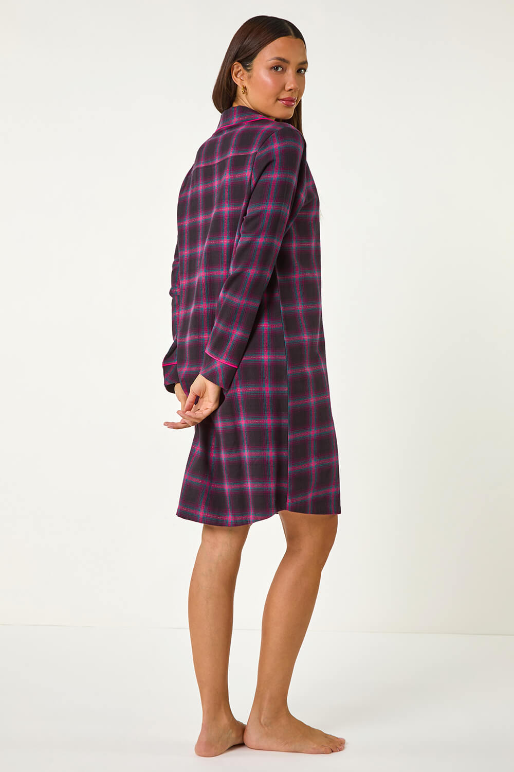 Black Check Print Revere Collar Stretch Nightshirt | Roman UK
