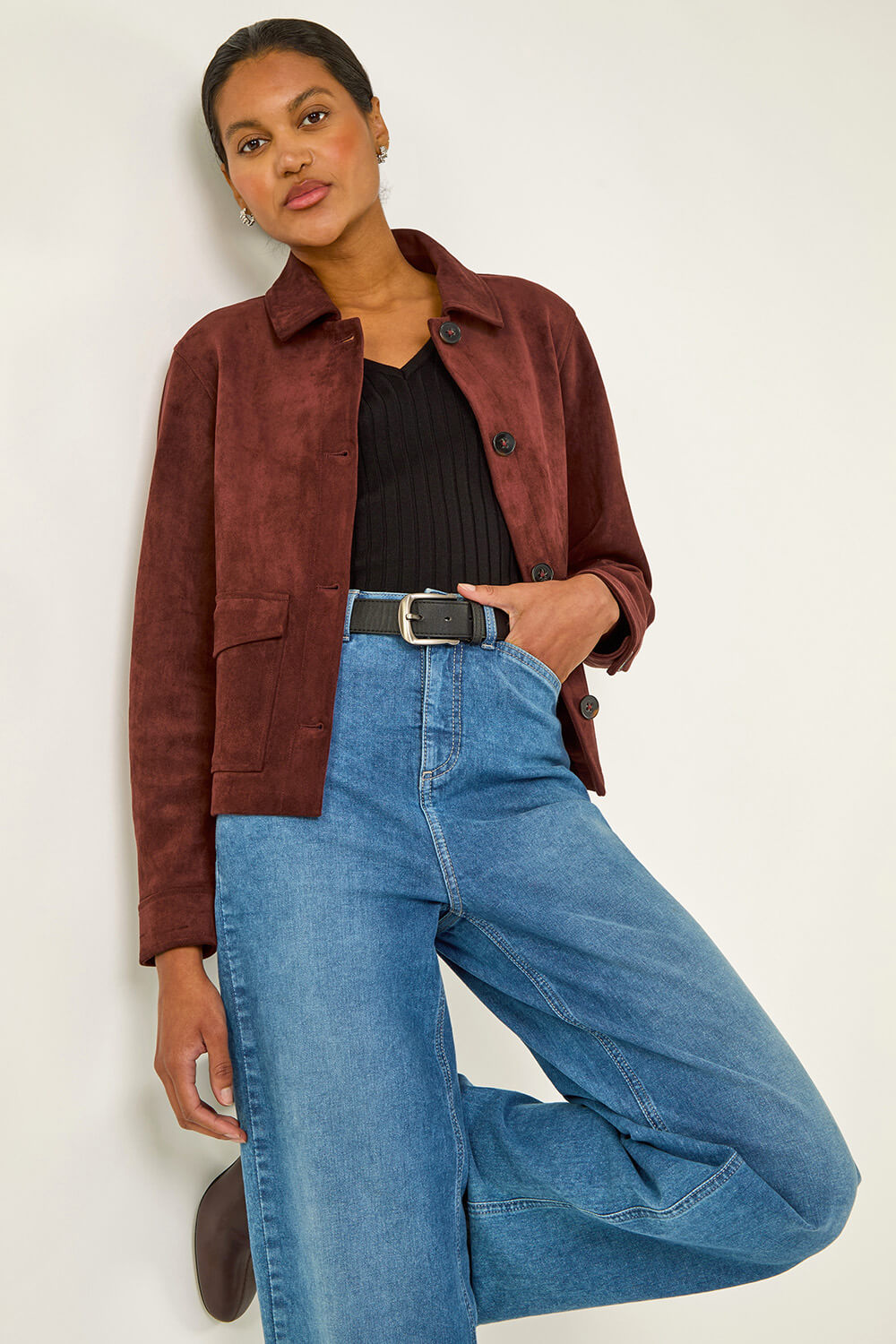 Burgundy Faux Suede Button Jacket | Roman UK