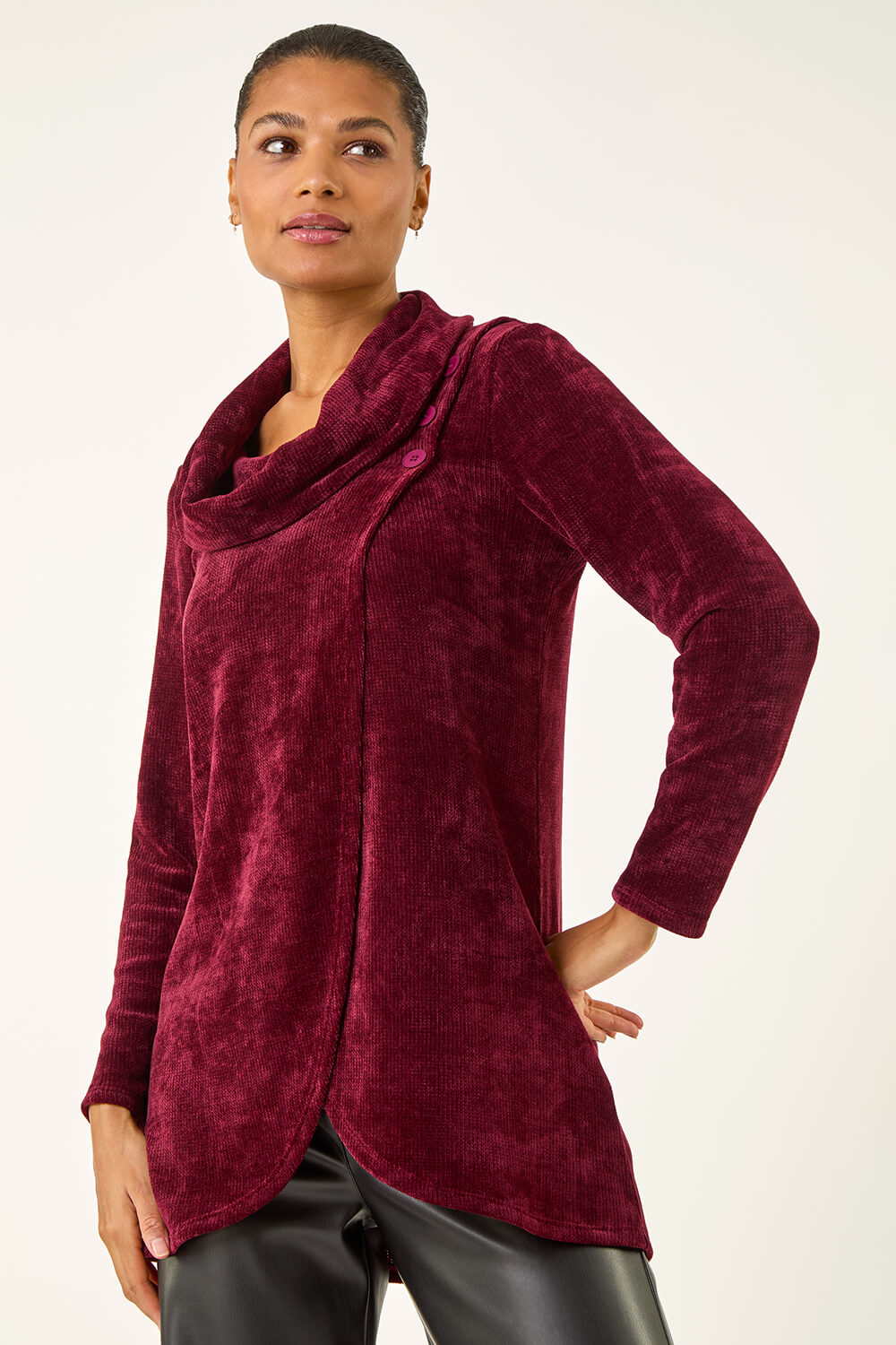 Wine Chenille Cowl Neck Tunic Top | Roman UK