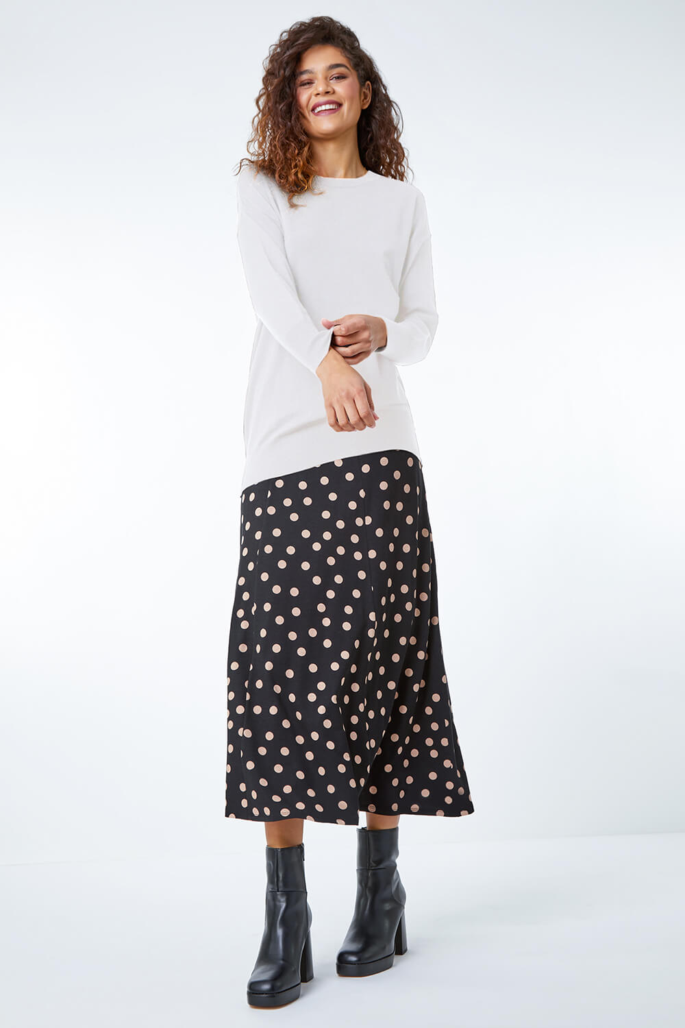 Stretch Midi Polka Dot Skirt in Black - Roman Originals UK