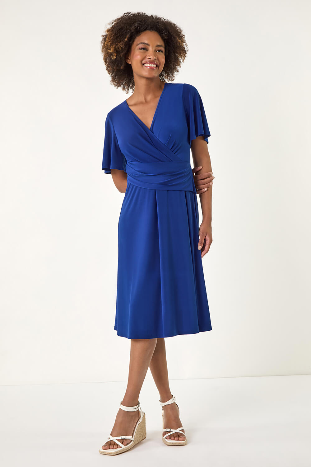 Blue Wrap Over Stretch Dress | Roman UK