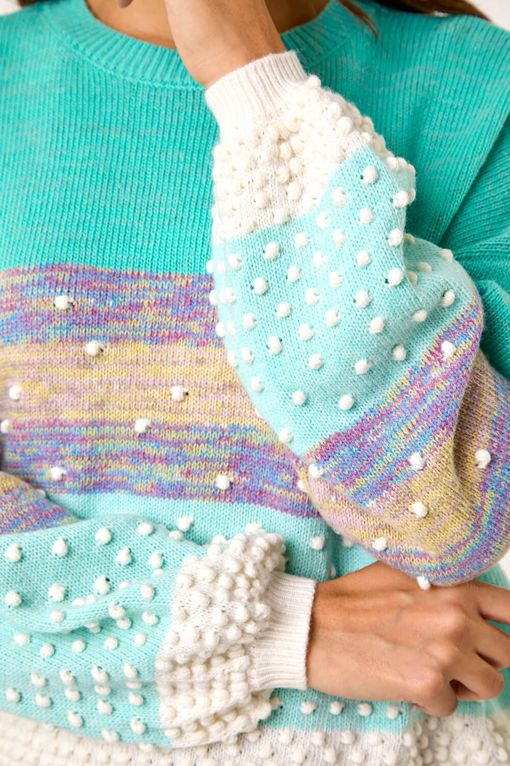 Aqua Textured Bobble Knit Crew Jumper | Roman UK