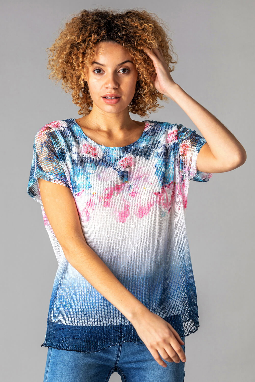 Mesh Overlay Floral Ombre T-Shirt in Blue - Roman Originals UK