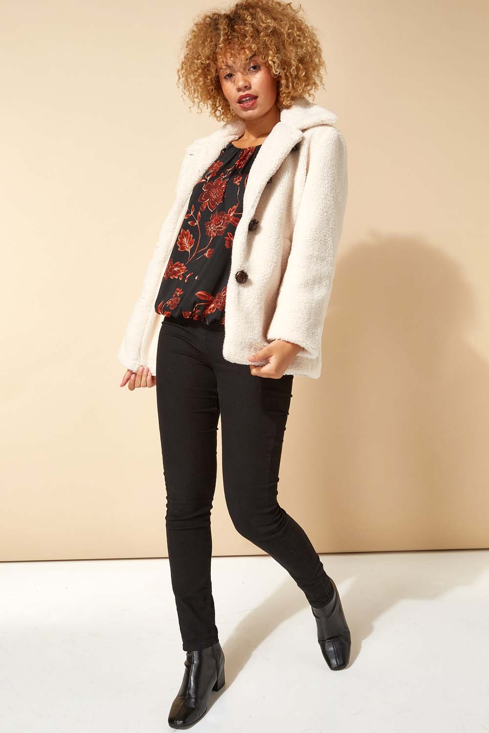 Faux Fur Teddy Coat in Ivory - Roman Originals UK