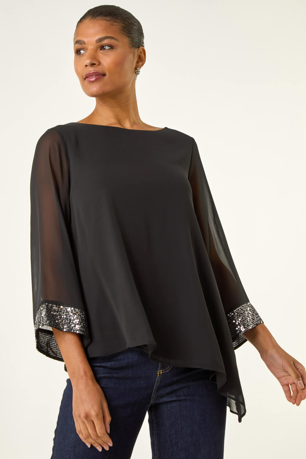 Black Asymmetric Sequin Cuff Top | Roman UK