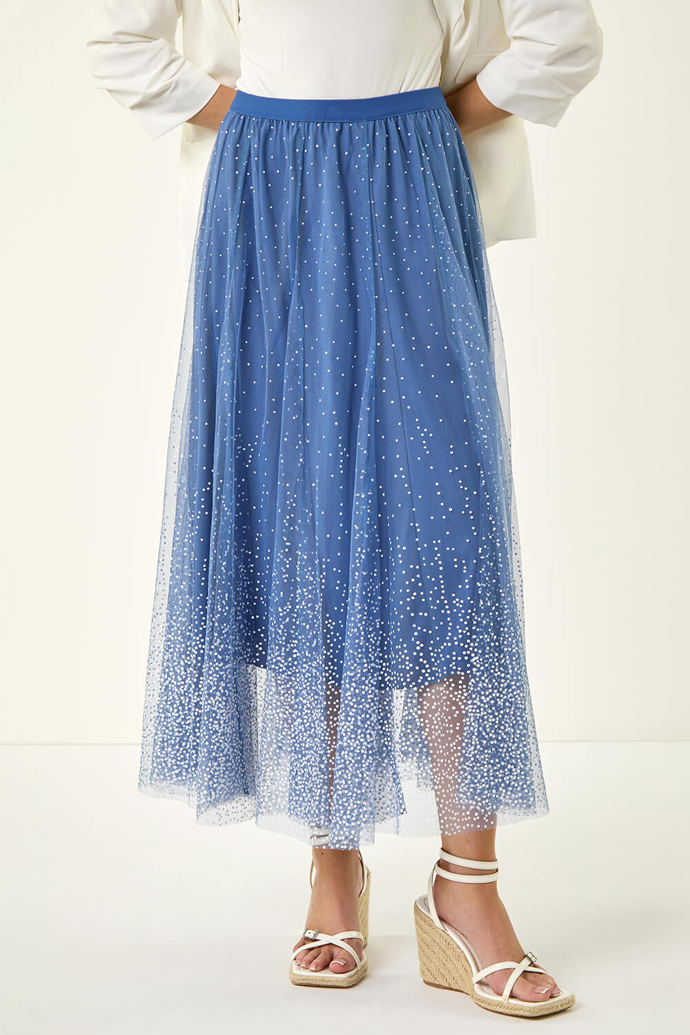 Blue Polka Dot Print Elasticated Mesh Skirt | Roman UK