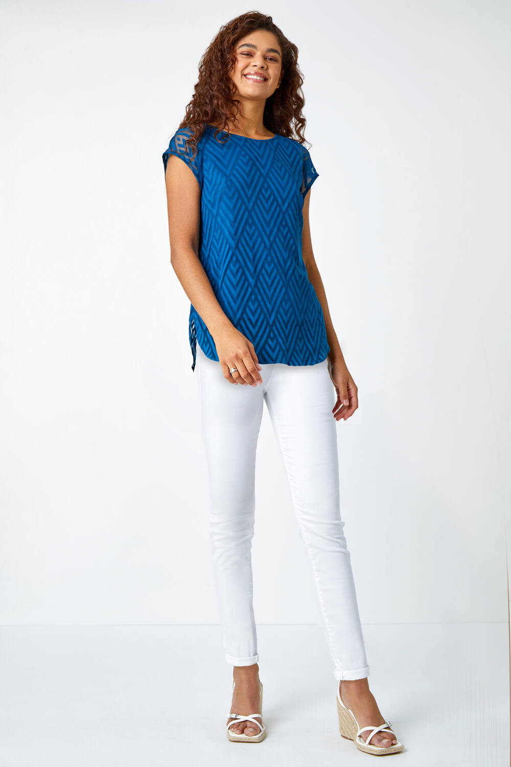Teal Textured Chevron Print Top | Roman UK