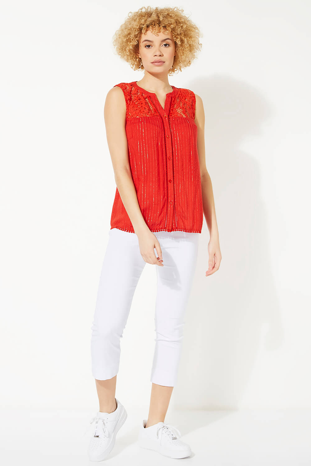 Metallic Lace Sleeveless Blouse in Red - Roman Originals UK