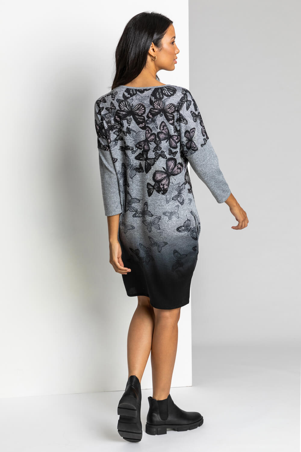Butterfly Print Embellished Slouch Dress in Black - Roman Originals UK