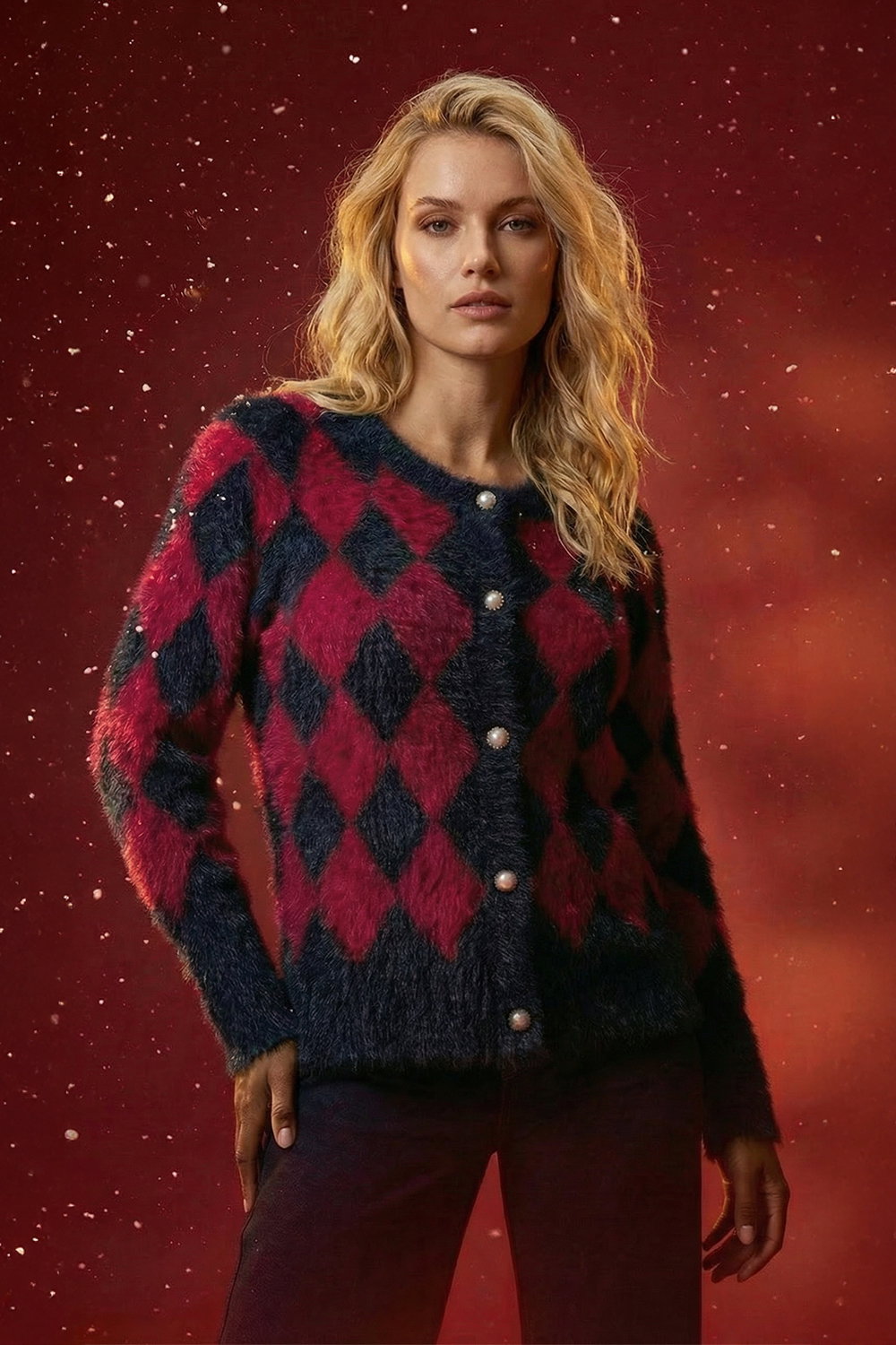 Red Fluffy Argyle Knit Cardigan | Roman UK