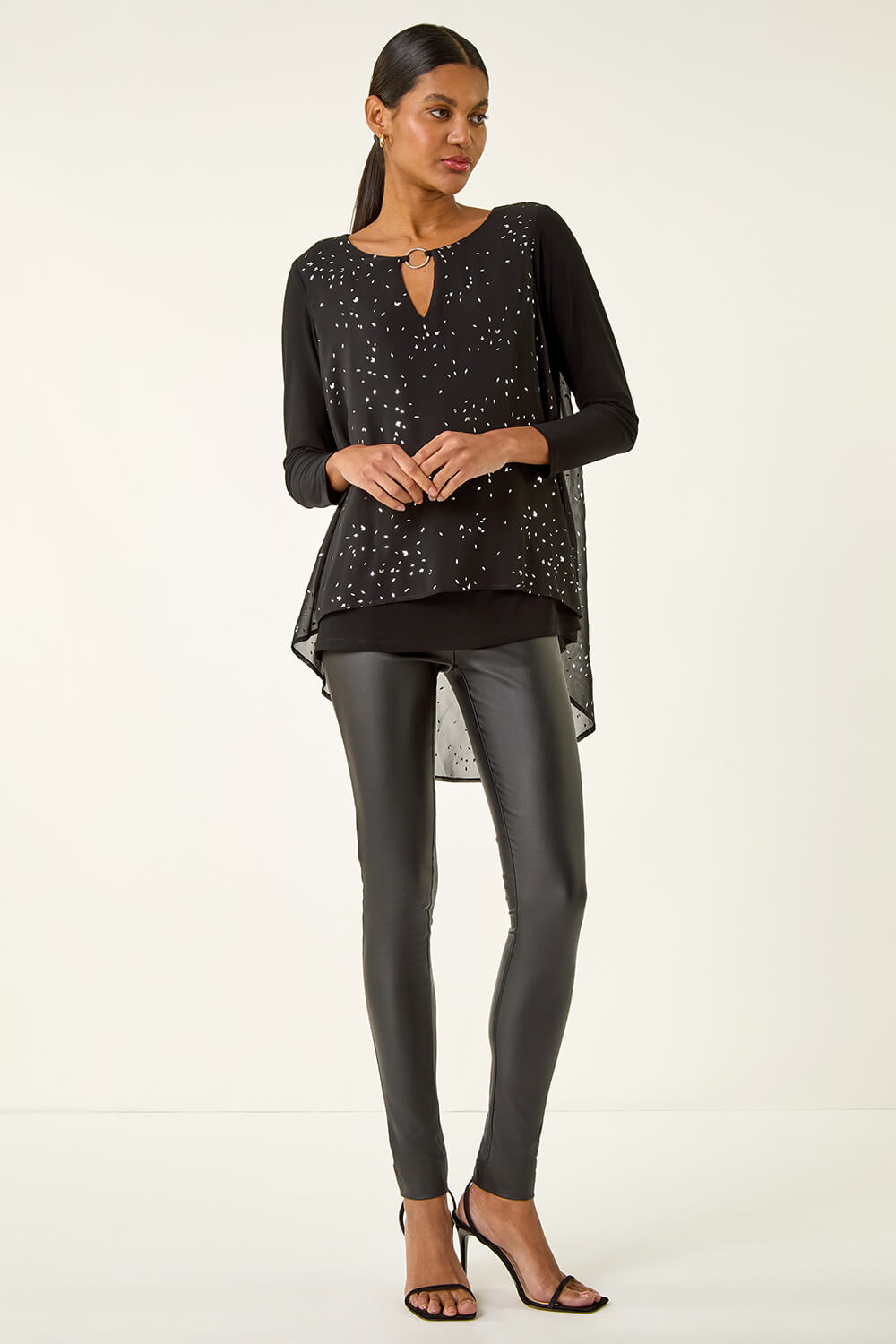 Black Ring Front Foil Tunic Top | Roman UK