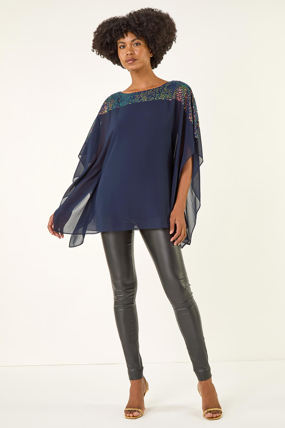Navy Sequin Yoke Contrast Chiffon Top | Roman UK