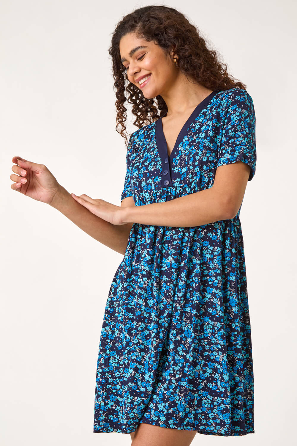 Navy Floral Print Contrast Band Dress | Roman UK