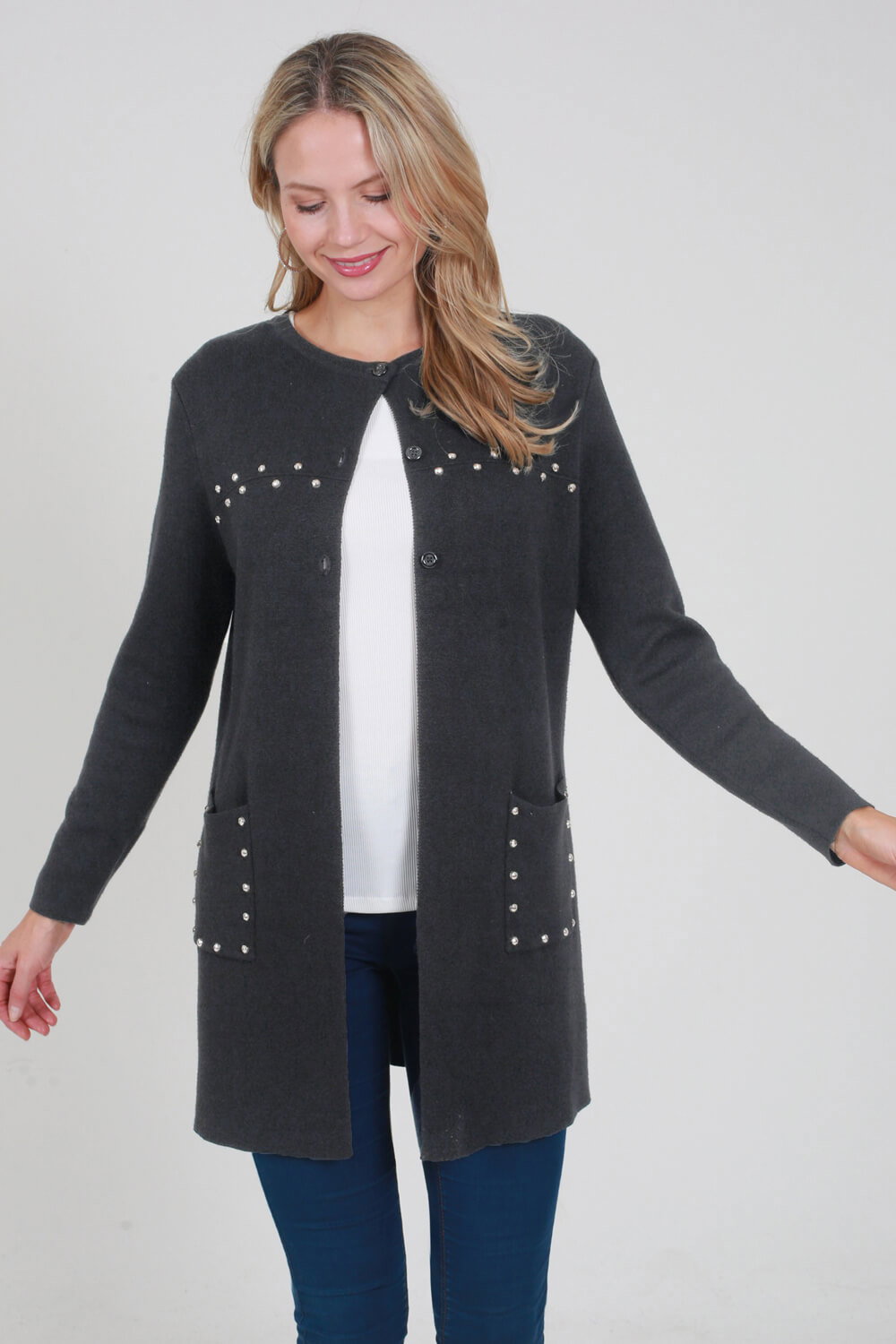 Grey Julianna Stud Embellished Coatigan | Roman UK