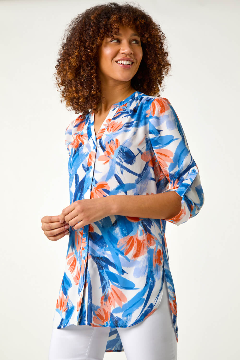 Blue Floral Print Longline Blouse | Roman UK