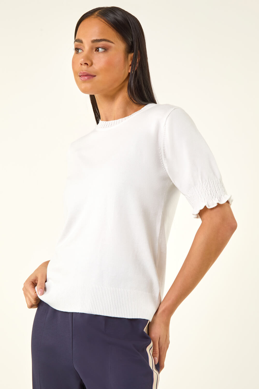 White Petite Shirred Sleeve Knit Top | Roman UK