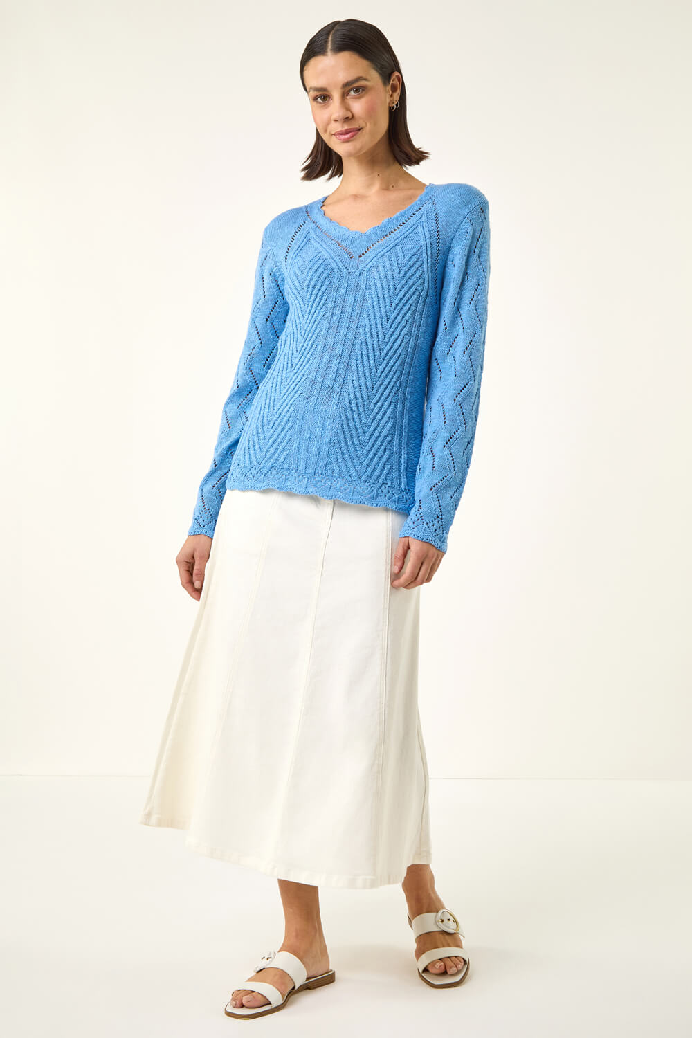 Blue Scallop V-Neck Knit Jumper | Roman UK
