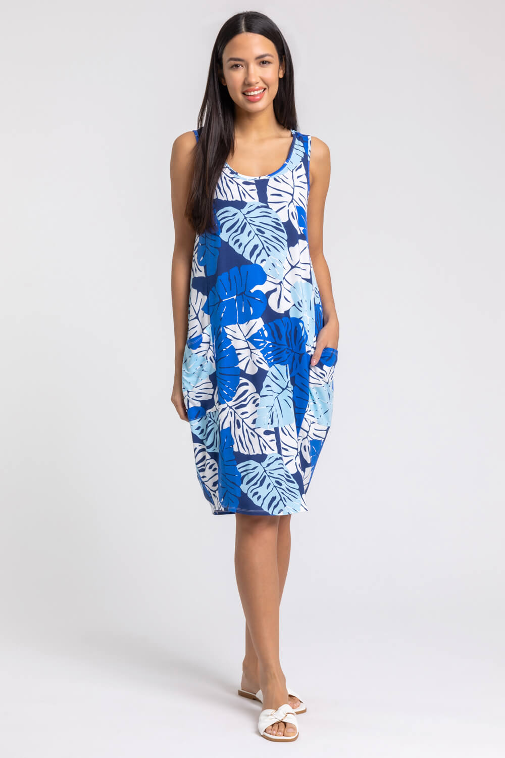 Leaf Print Slouch Pocket Dress in Blue - Roman Originals UK