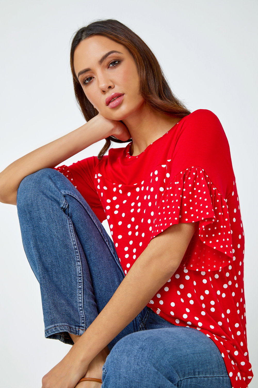 Red Spot Print Frill Sleeve Top | Roman UK