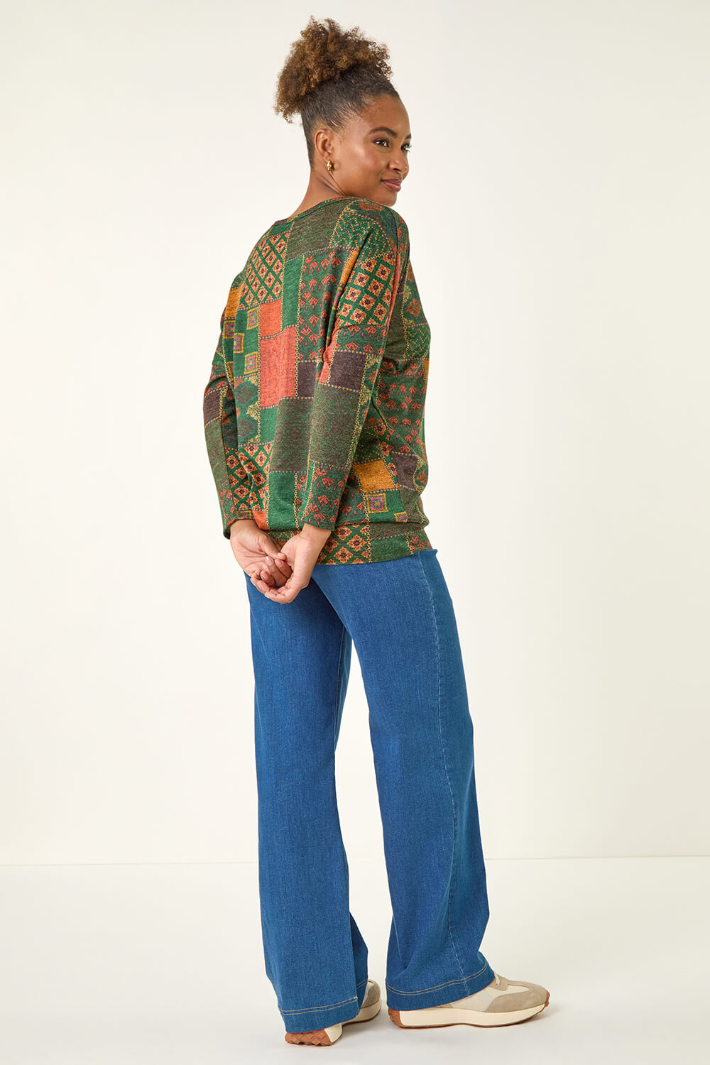 Green Patchwork Print Snit Top | Roman UK