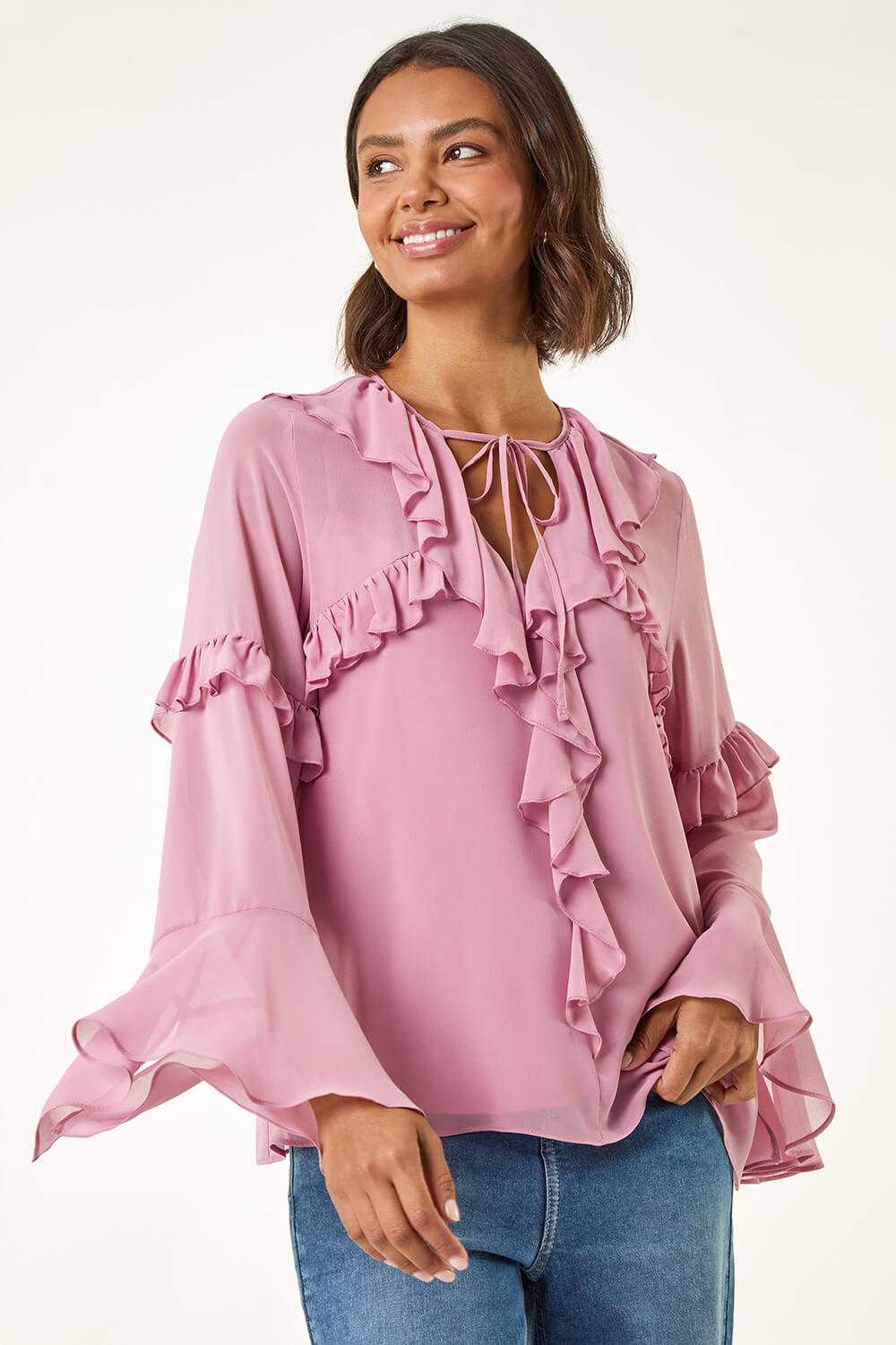 Lavender Chiffon Tie Neck Ruffle Tunic Top | Roman UK
