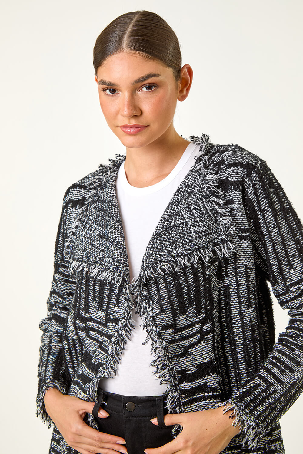 Charcoal Textured Fringe Collar Detail Cardigan | Roman UK