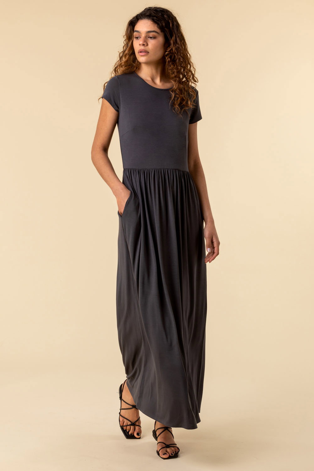 Gathered Skirt Maxi Dress in Dark Grey - Roman Originals UK