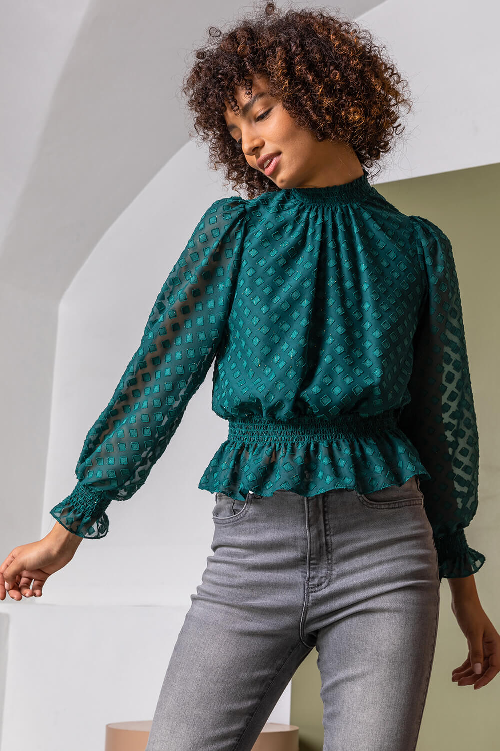 Green High Neck Embellished Shirred Top | Roman UK
