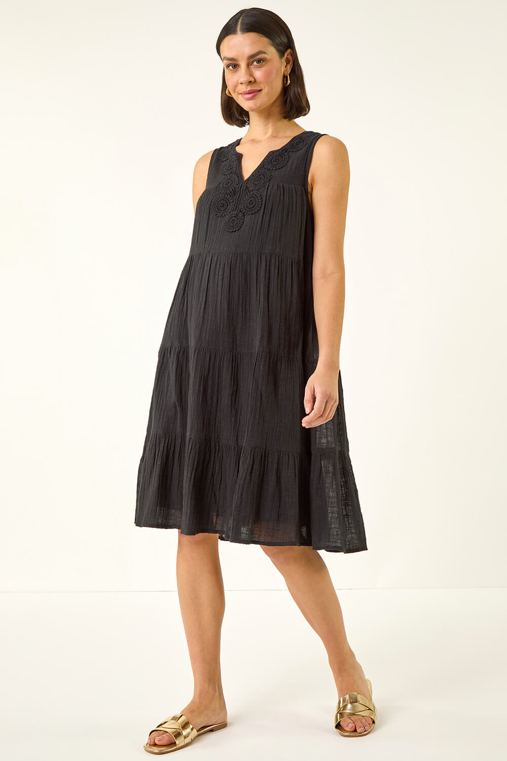 Black Cotton Trim Detail Smock Dress | Roman UK