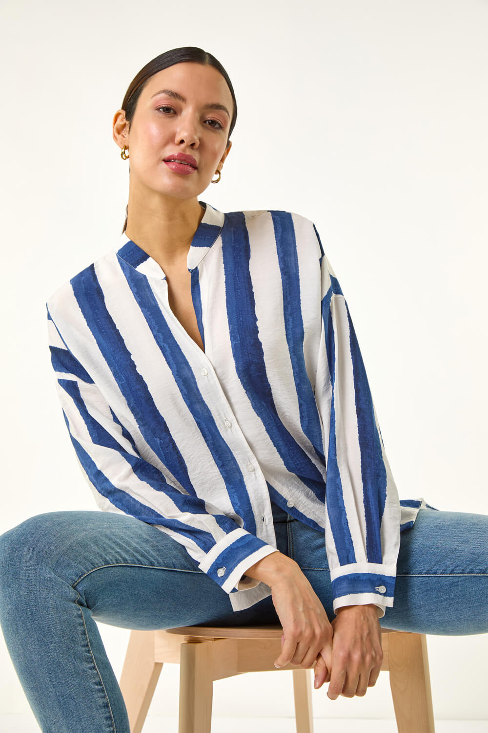 Navy Stripe Print Relaxed Button Shirt | Roman UK