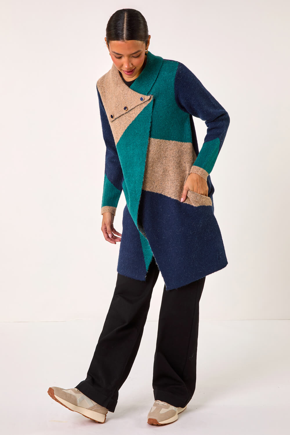 Teal Colour Block Button Collar Knit Cardigan | Roman UK