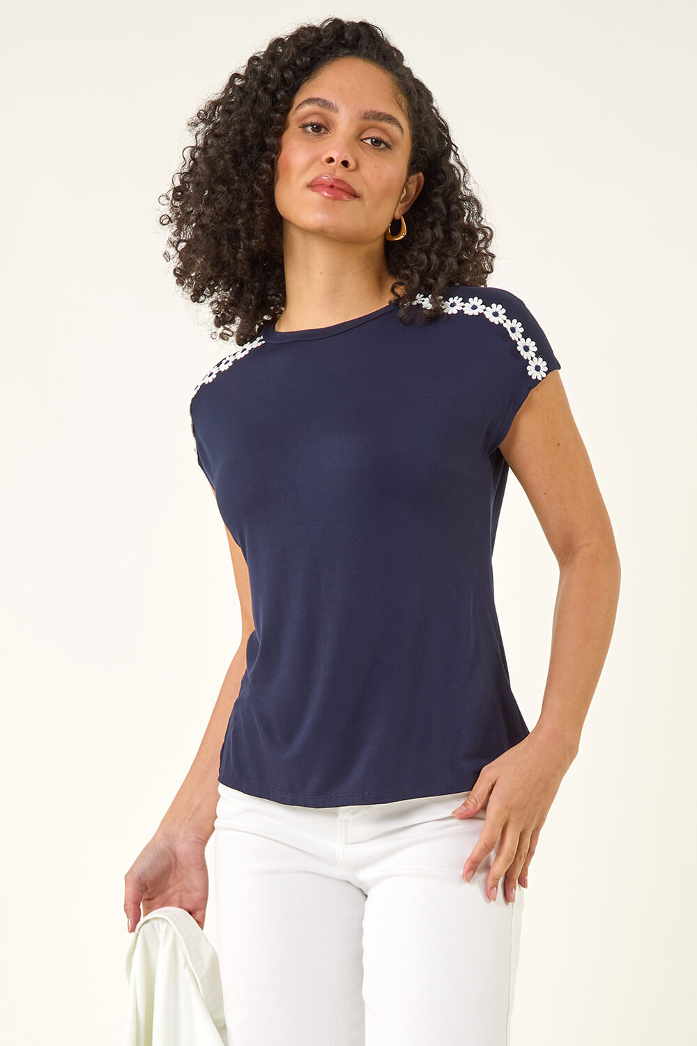 Navy Daisy Shoulder Trim T-Shirt | Roman UK