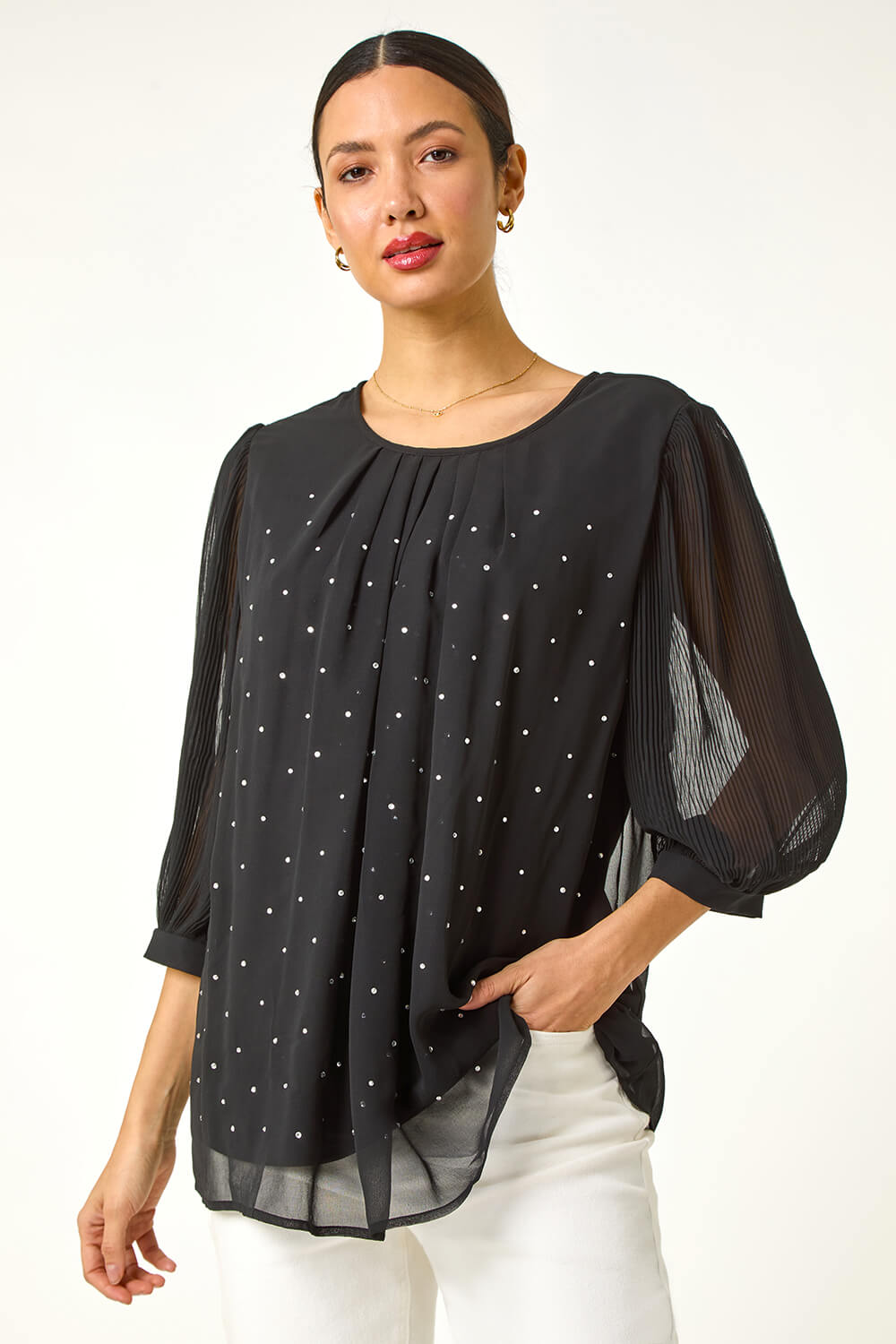 Black Pleated Sleeve Hotfix Detail Top | Roman UK